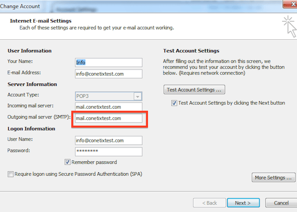 How to update smtp settings in Outlook 2010 & 2013 • Conetix
